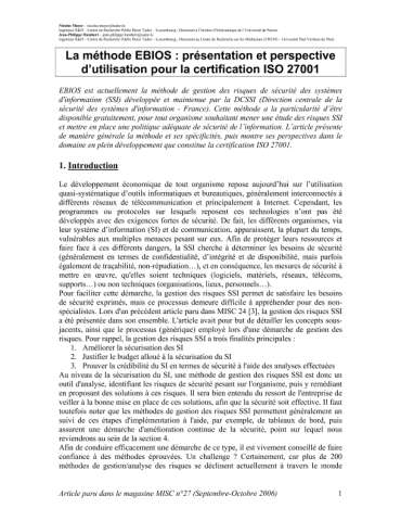 La méthode EBIOS : présentation et perspective d’utilisation pour la ...